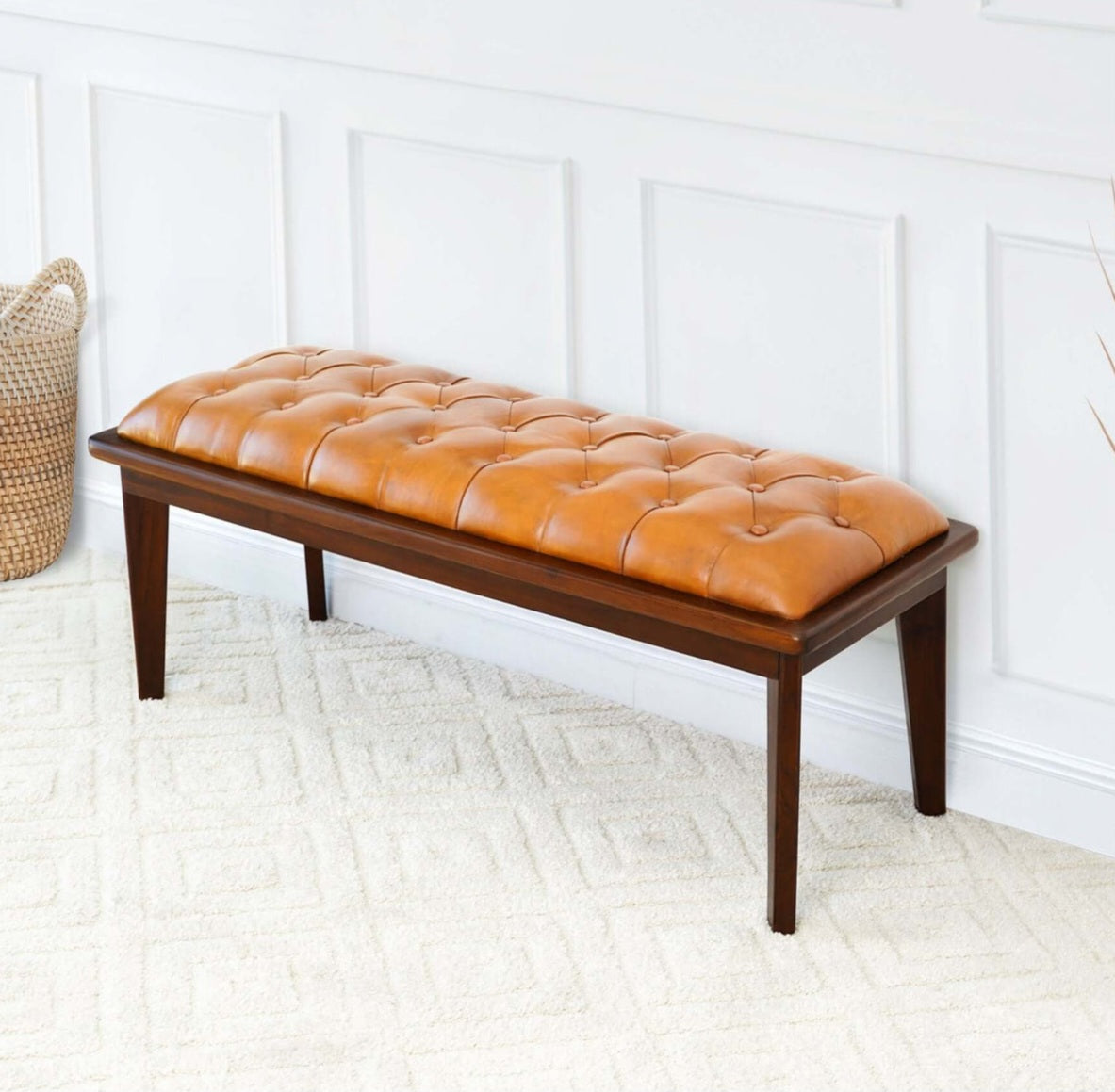Arden Tan Leather Bench With Buttons – Harwin Furniture