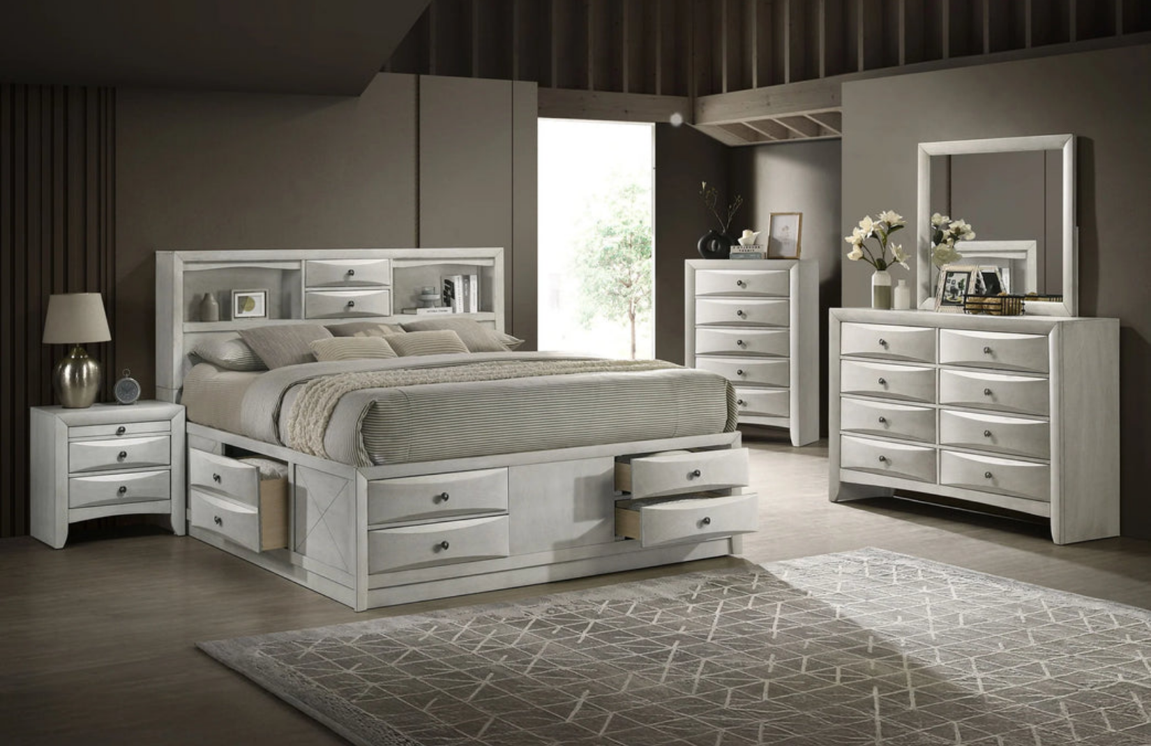 Emily White Storage Platform Bedroom Set | B4255 – Harwin Furniture