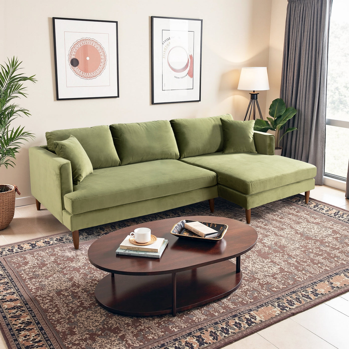 Blake 107" L-Shaped Olive Green Velvet Sectional Sofa Right Facing ...