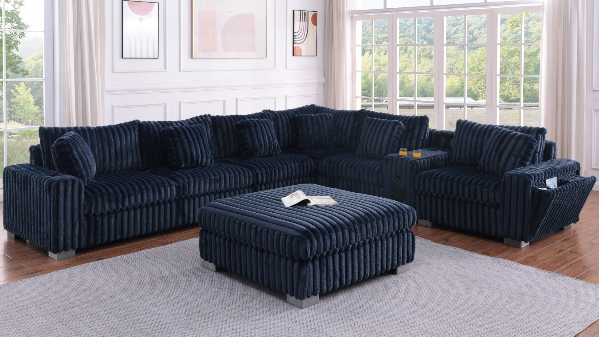 Snuggle Station Blue Corduroy BLUETOOTH SPEAKERS 7pc Sectional S329 ...